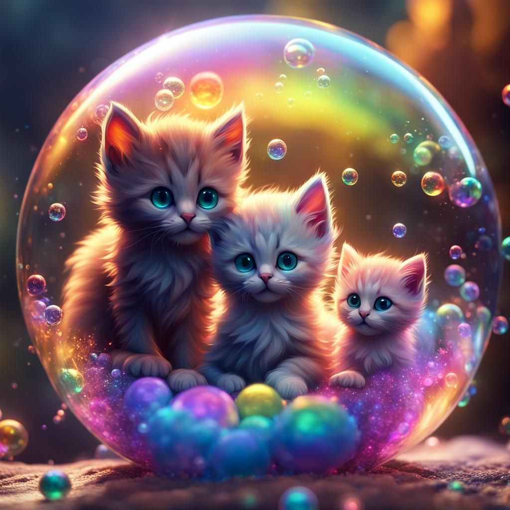 Cute rainbow sparkle kittens in glowing sparkle soap bubbles - AI ...