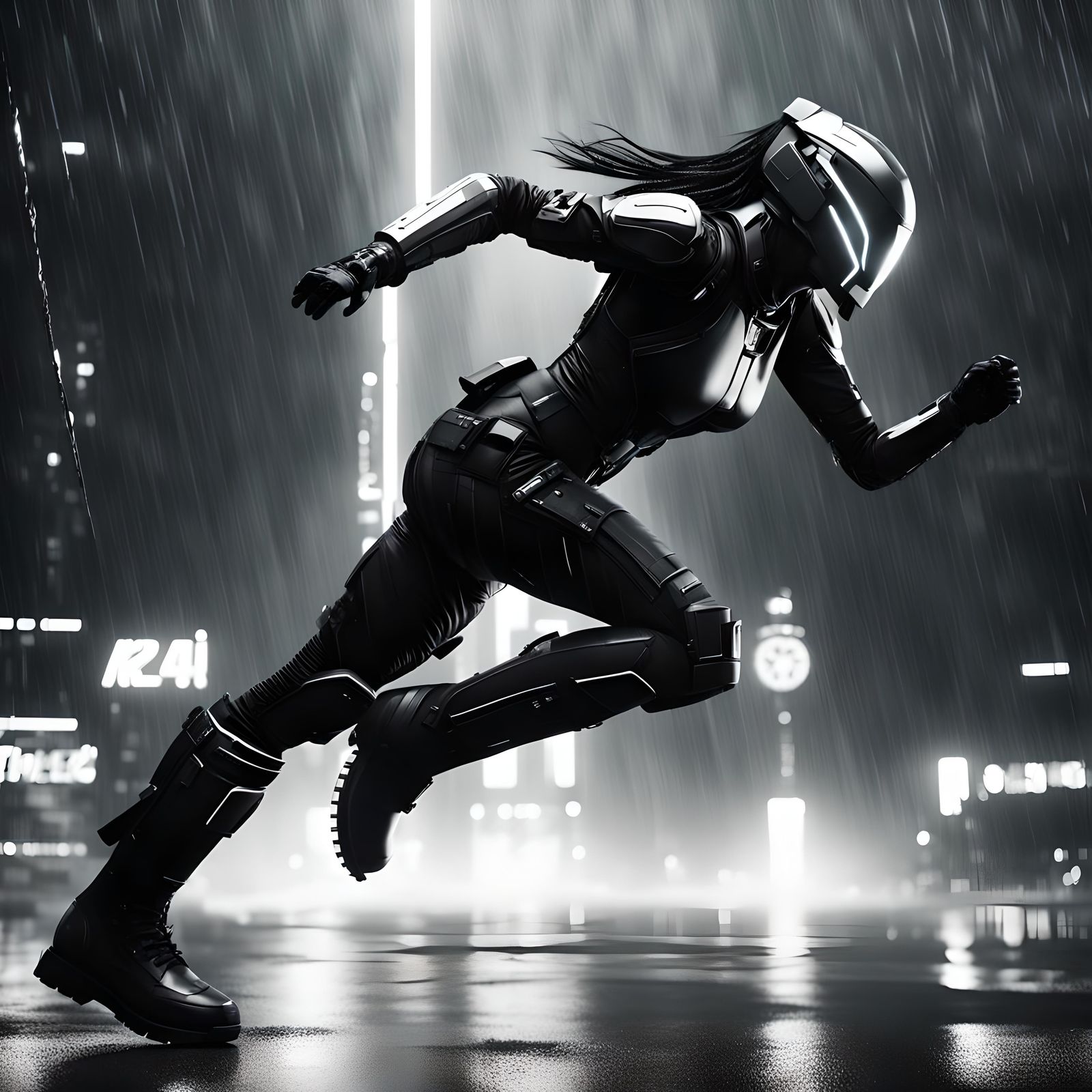 female mech. perfect hands, face and boots. running in dense black and ...