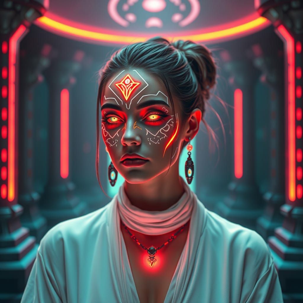 Female cyberpunk oracle with glowing artificial eyes and neon glowing ...