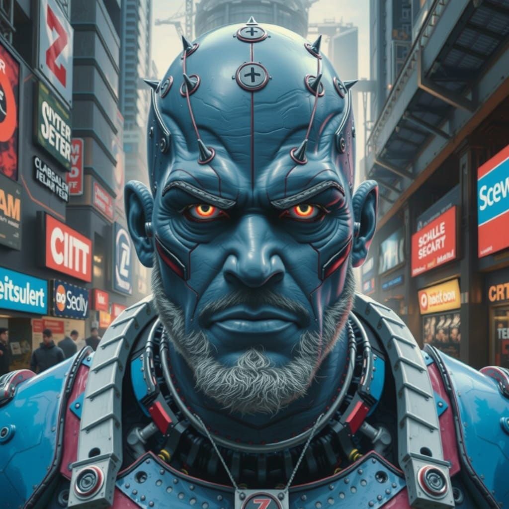 Cybernetic Warrior in Steel Blue Exoskeleton - AI Art