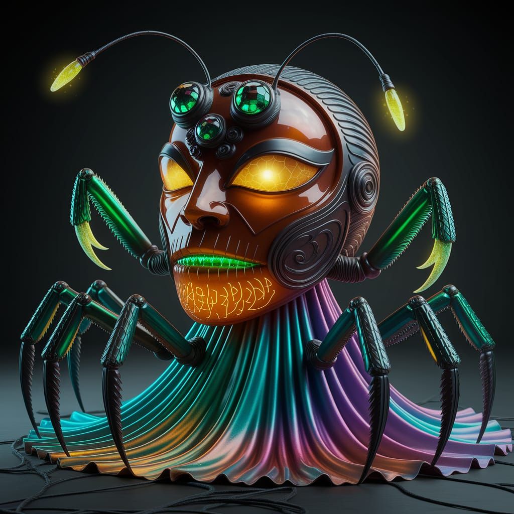 From a chrysalis of woven spider silk, a colossal Mask emerges, its ...