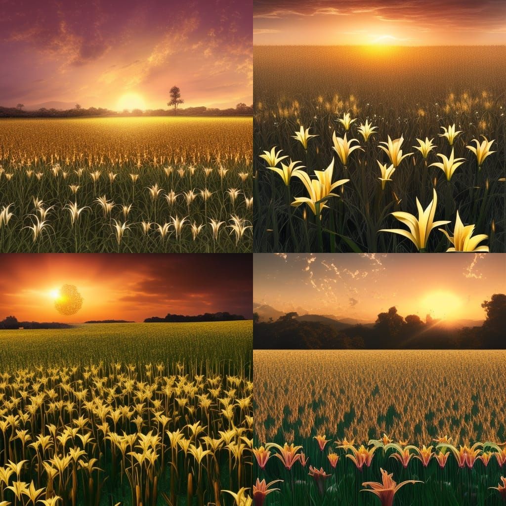 Magical field of metallic golden lillies at sunset - AI Generated ...