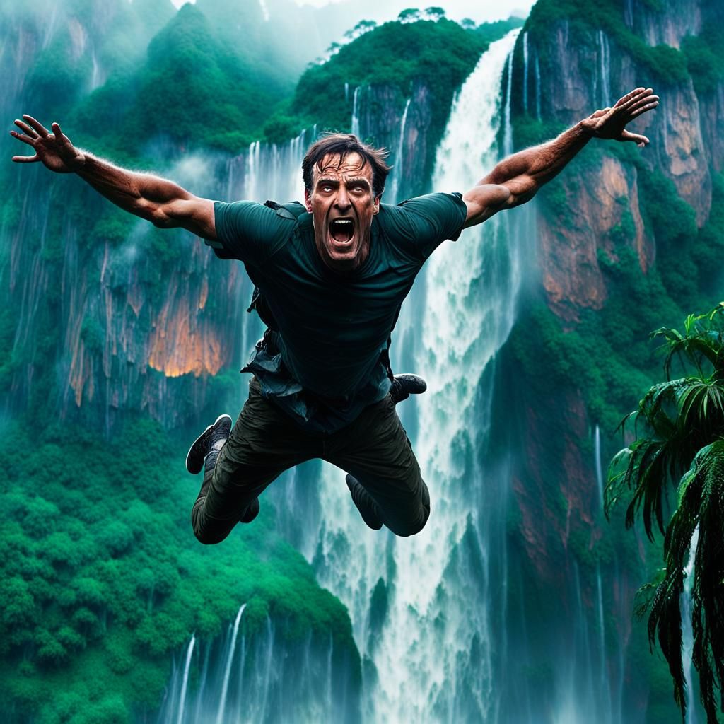man falling off the falls,close-up, epic Angel Falls, Epic cinematic ...
