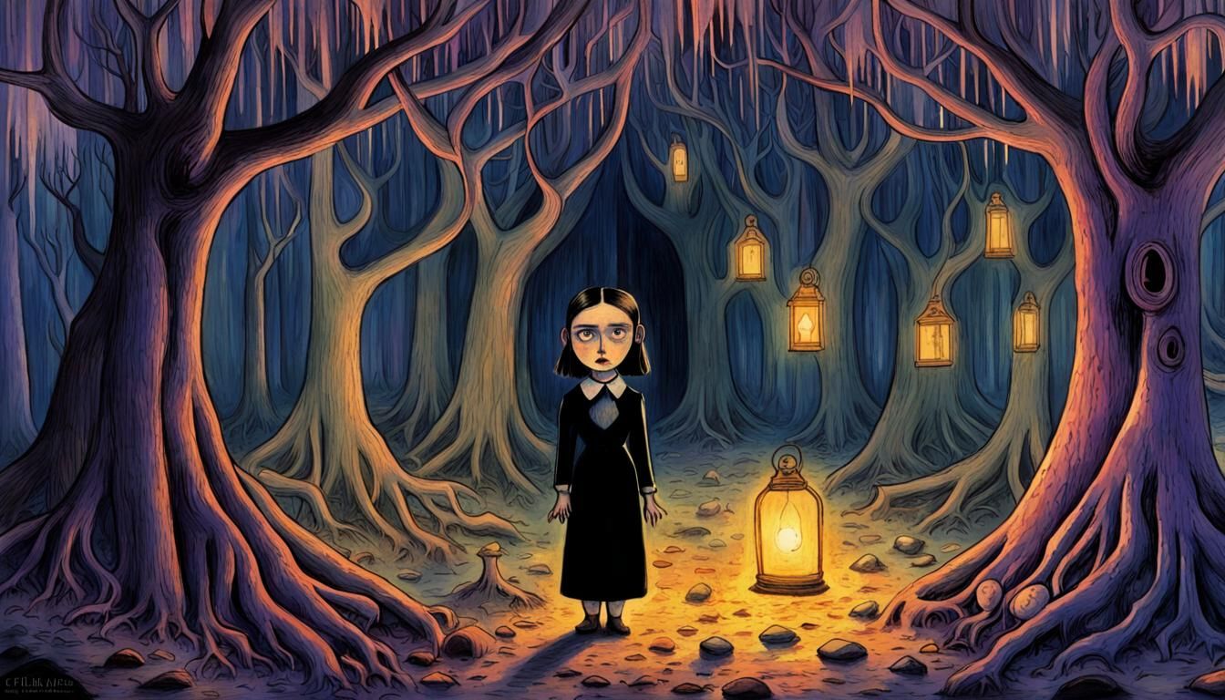 Wednesday Addams talks to demons in the woods. A cave has a lantern ...