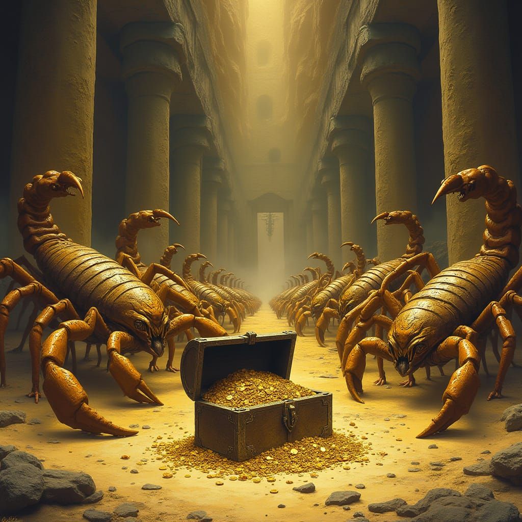 Majestic Scorpions Guard Golden Treasure in Ancien... - AI Art
