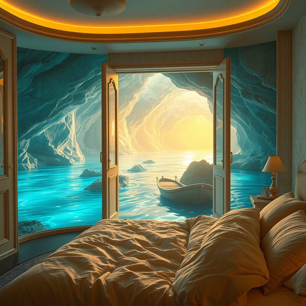 Create a detailed, immersive illustration of a bedroom, whose open door leads to a cavern with ...