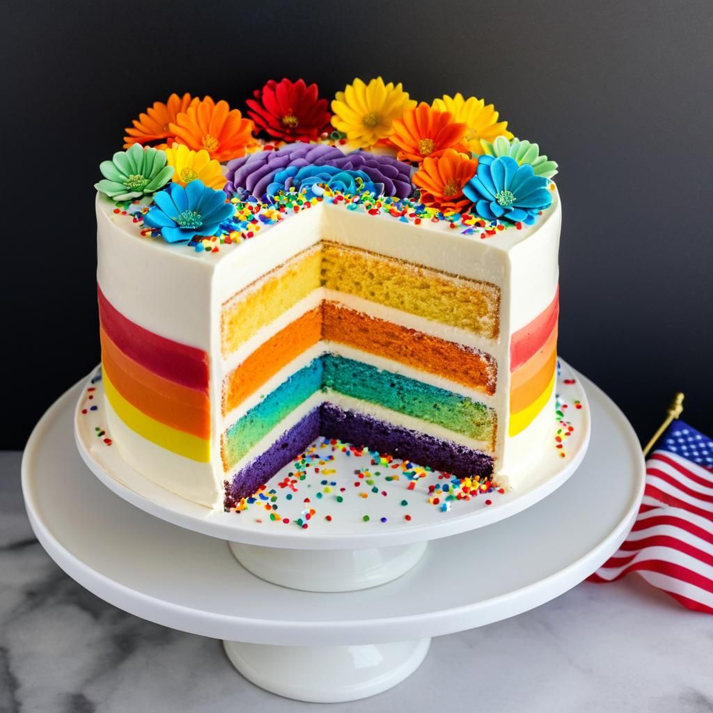 A photographic depiction of a detailed rainbow cake in honor of LGBTQ+ ...