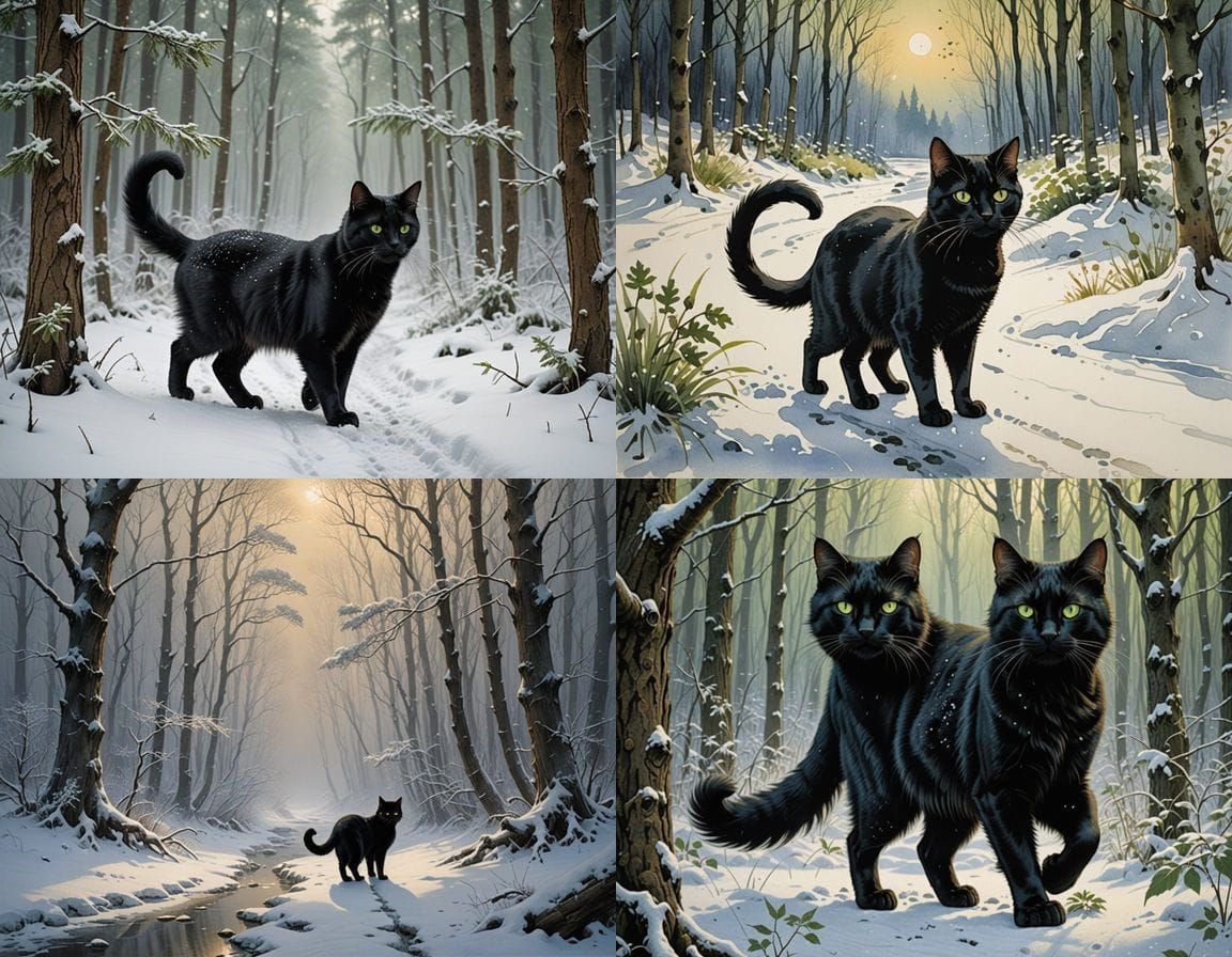 A black cat lost in a forest during a snowstorm leaving paw prints in ...