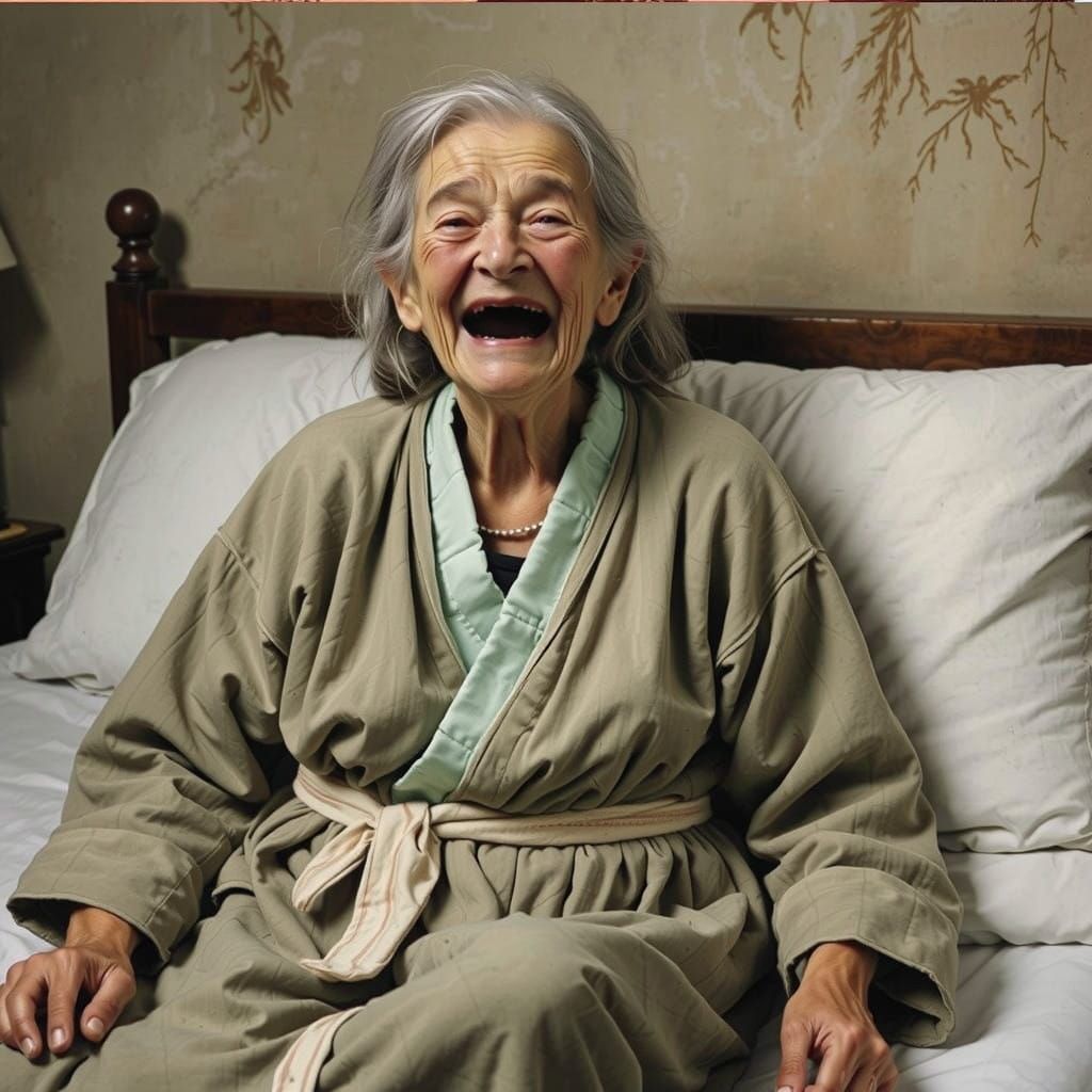 A small old toothless old woman, she doesn't have any teeth, exclude ...