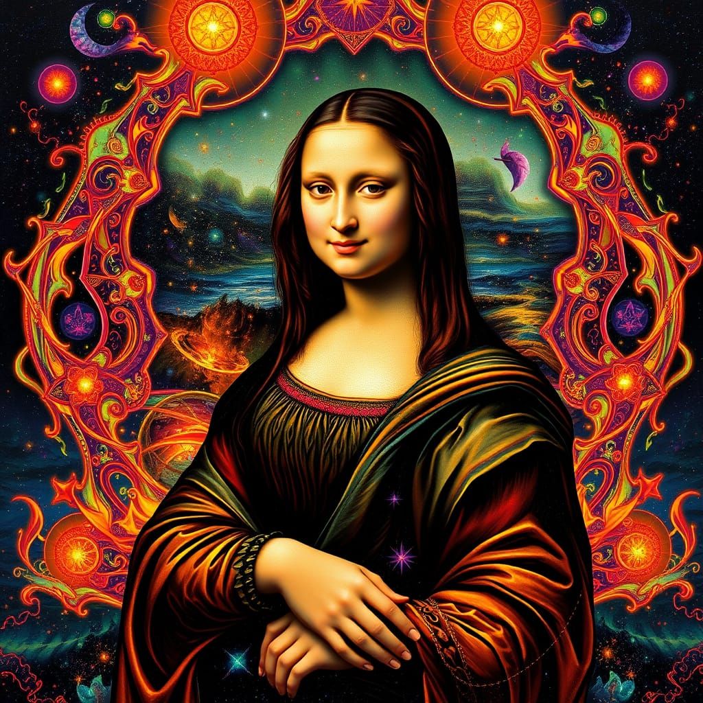 Mona Lisa - Celestial Mona Lisa in Vibrant, Iridescent Renai...
