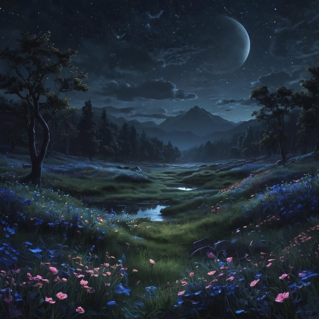 a fantasy meadow with a dark night sky with a crescent moon dynamic lighting hyperdetailed ...