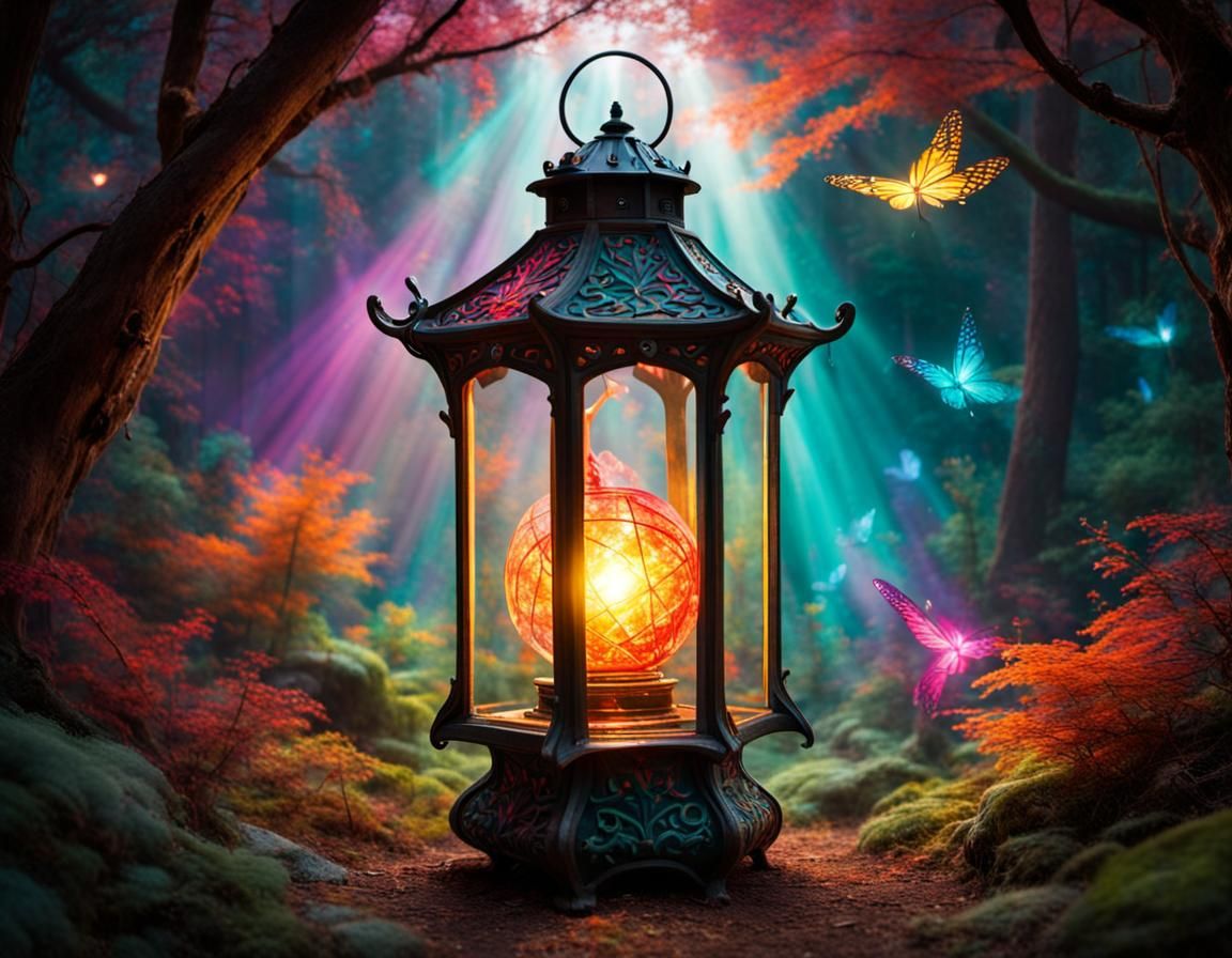 A magical lantern, full of strange beaming light, radiating outwards to ...