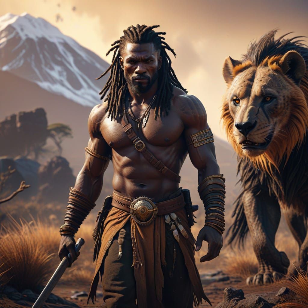 Beast Master - Savannah Warrior Stares Down Hyena with Axe ...