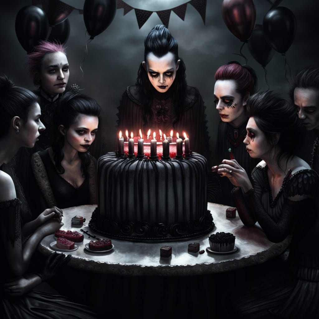 a Goth birthday cake,Goths seated round it,, ultra realism, colours, 8k ...