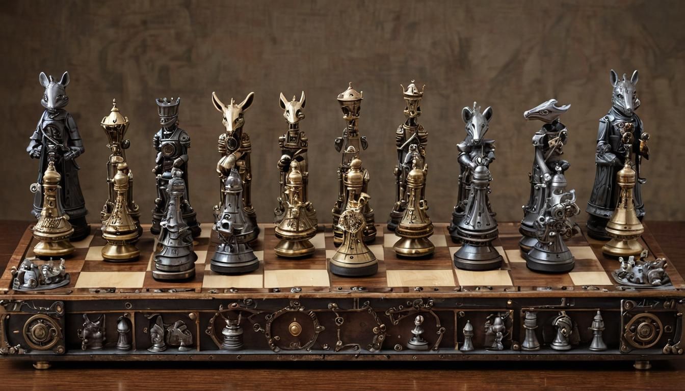 A whimsical, steampunk-inspired chess set where each piece is a unique ...