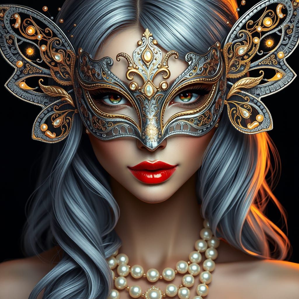 A woman, centered in the frame, wears a dramatic, metallic silver ...