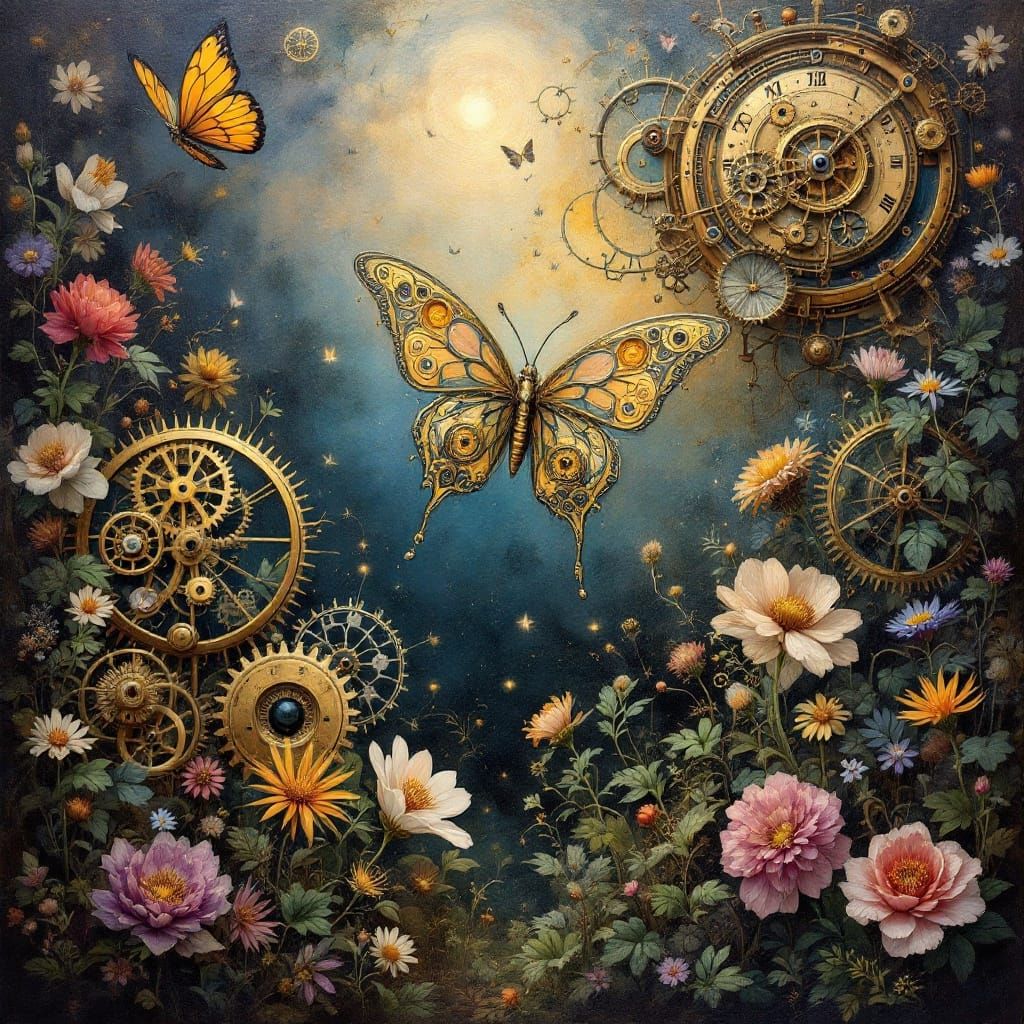 Surreal Clockwork Garden Blooms with Brass and Cop... - AI Art