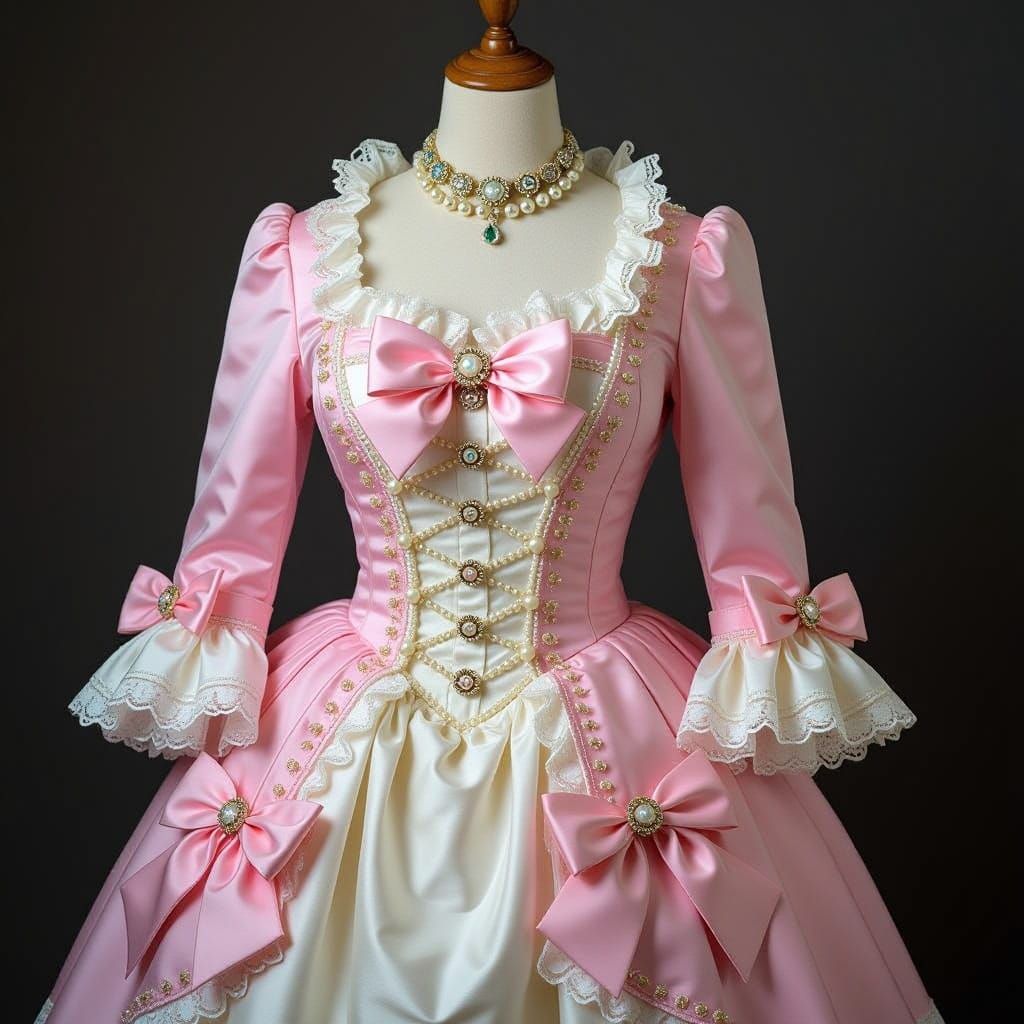 Rococo Dress with Bows, Beads and Buttons with a Rococo necklace
