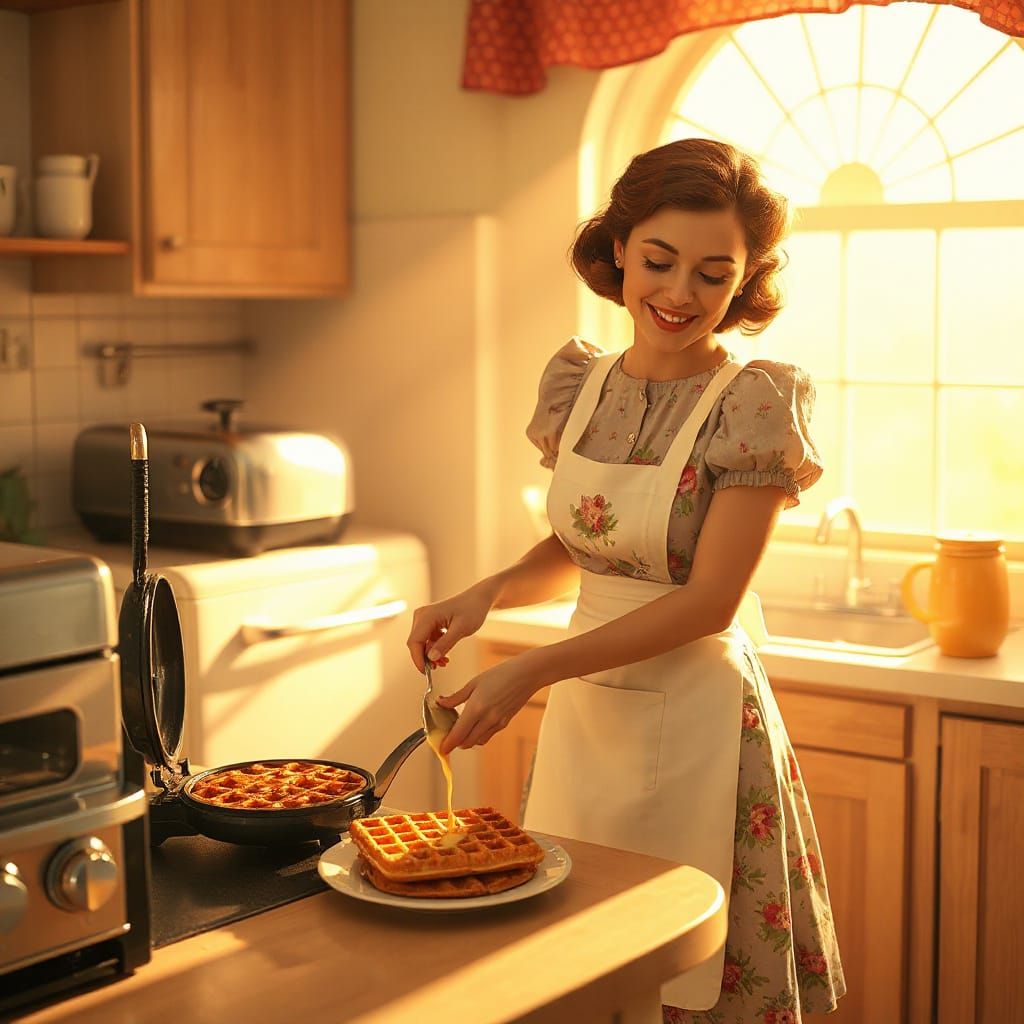 Cozy Homemaker in 1950s Kitchen, Whipping Up Belgi... - AI Art