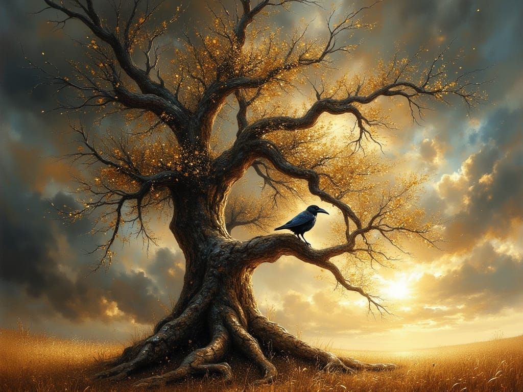 A colossal, ancient oak tree, its bark resembling the worn, leather ...