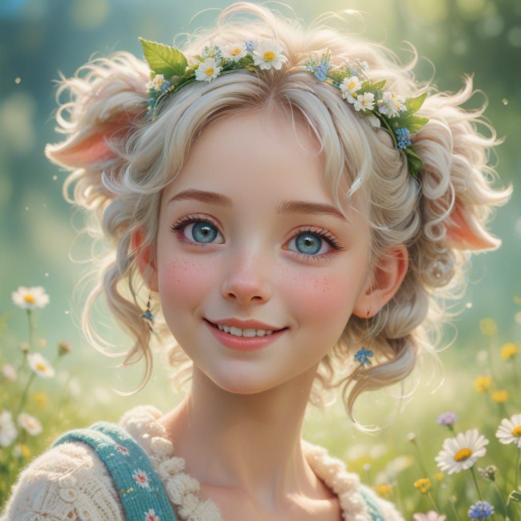 Anime Lamb with Flowers in Meadow, Digital Paintin... - AI Art