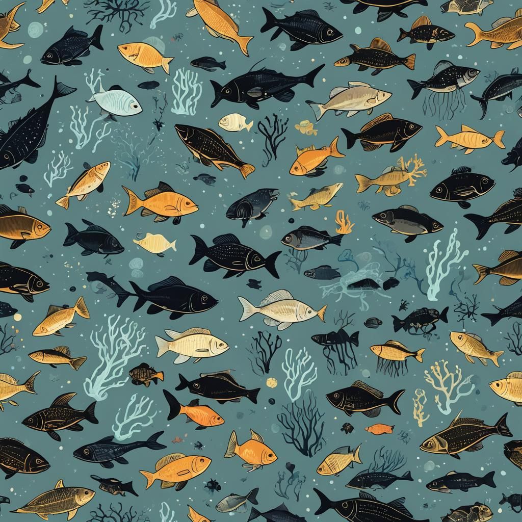 Sea Fish Pattern in Aqua, Yellow, B&W - AI Generated Artwork ...