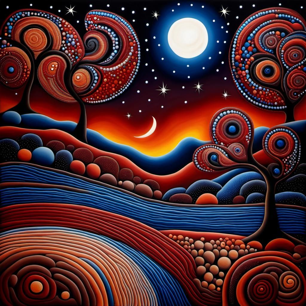 An aboriginal lanscape painting in the style of dreamtime art in earthy ...