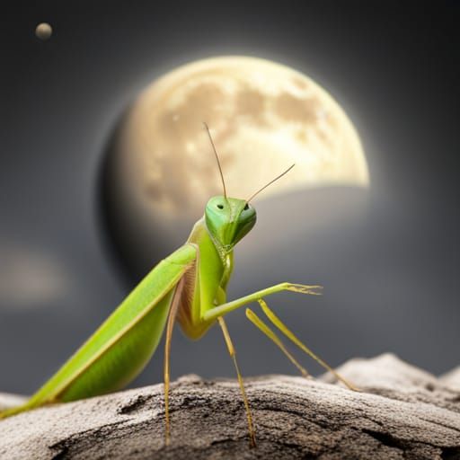 Green mantis starring at the stars and the full moon, sepia - AI ...