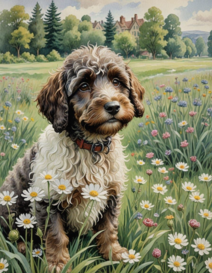 Spoodle in the park - Whimsical Spoodle Puppy in a Garden P...