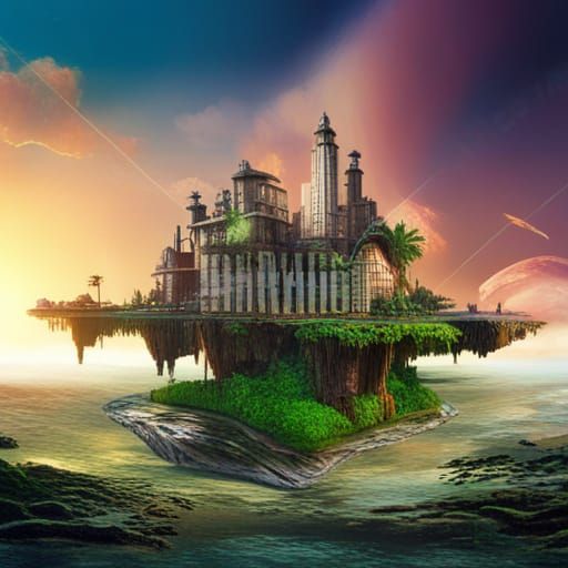 Photo realistic very detailed Floating Island Futuristic City with ...