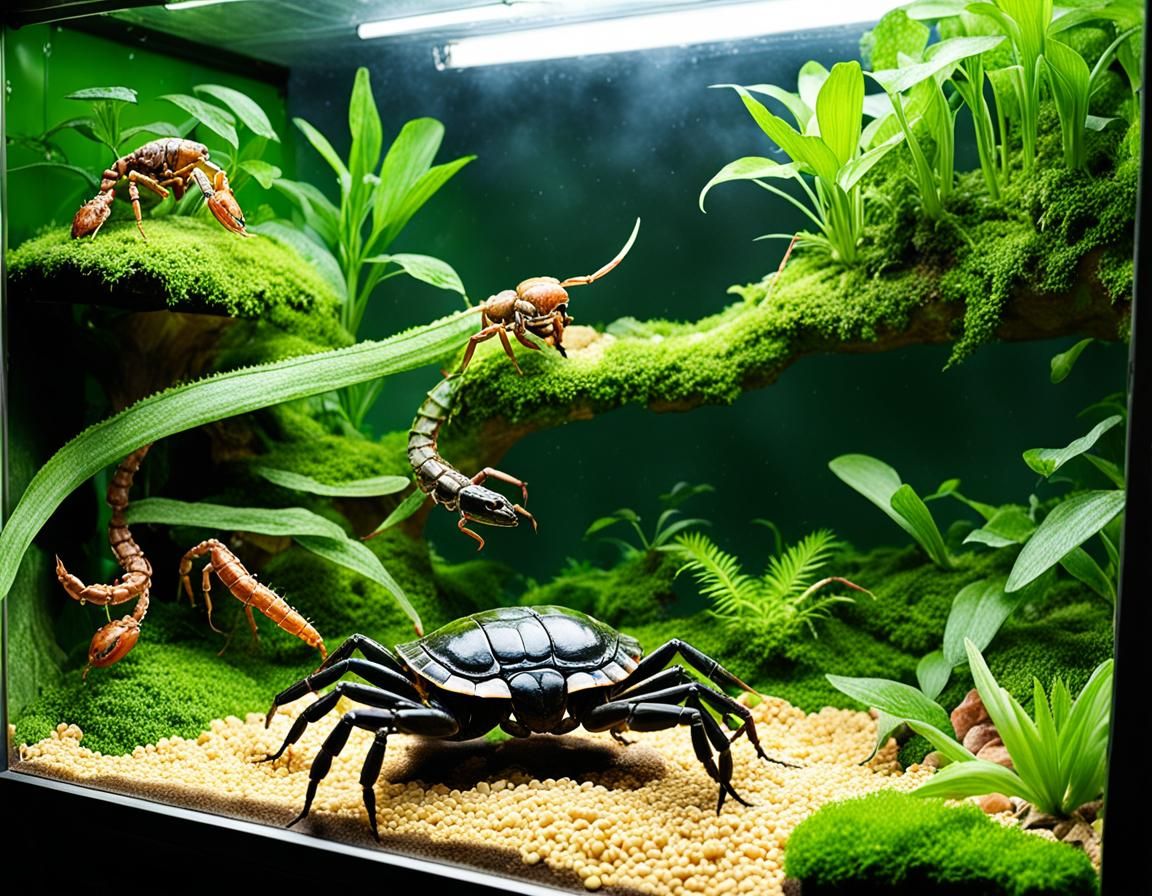 Vivarium with Aqrabuamelu (Scorpion_men) inside, a human is feeding ...