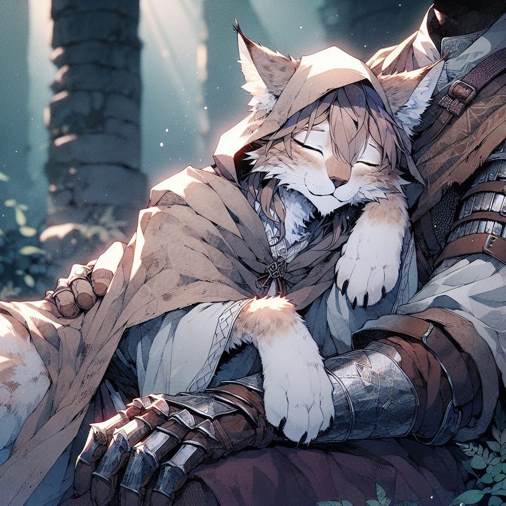 Damsel's Catnap - Enchanted Knight and His Slumbering Feline...