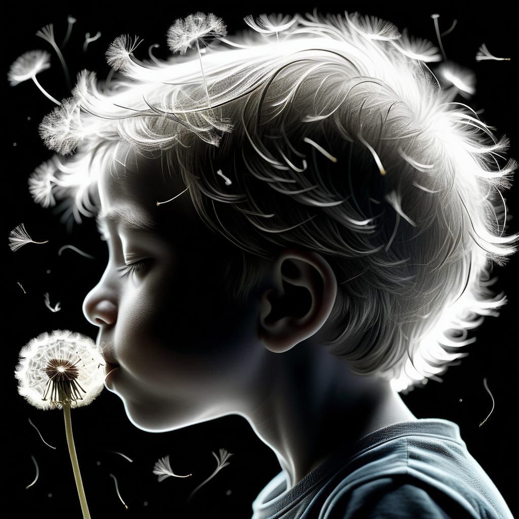 Profile of a cute little boy puffing out his cheeks and blowing towards ...