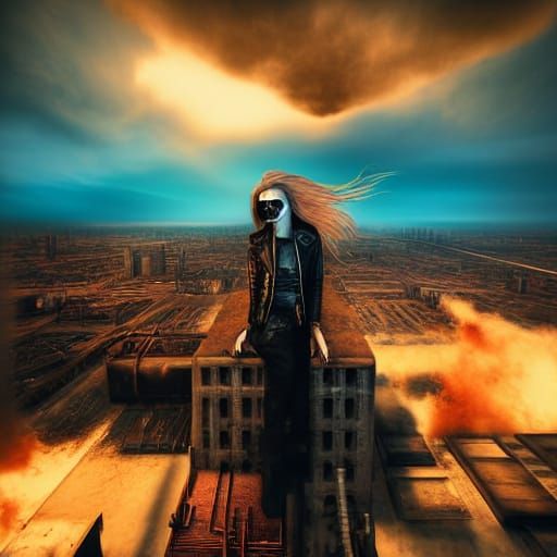 Dystopian Goth Model Gazing Over Ruined Cityscape - AI Art
