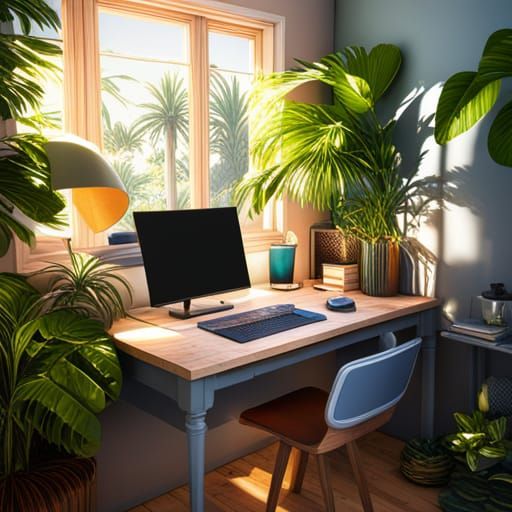 A computer on a desk ; vivid triadic colors ; houseplants ; sun and ...