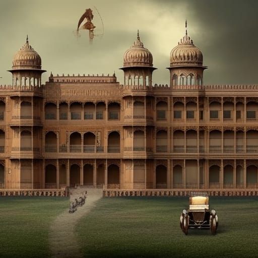 A 1900 AD vintage car in front of a vintage palace made constructed at ...