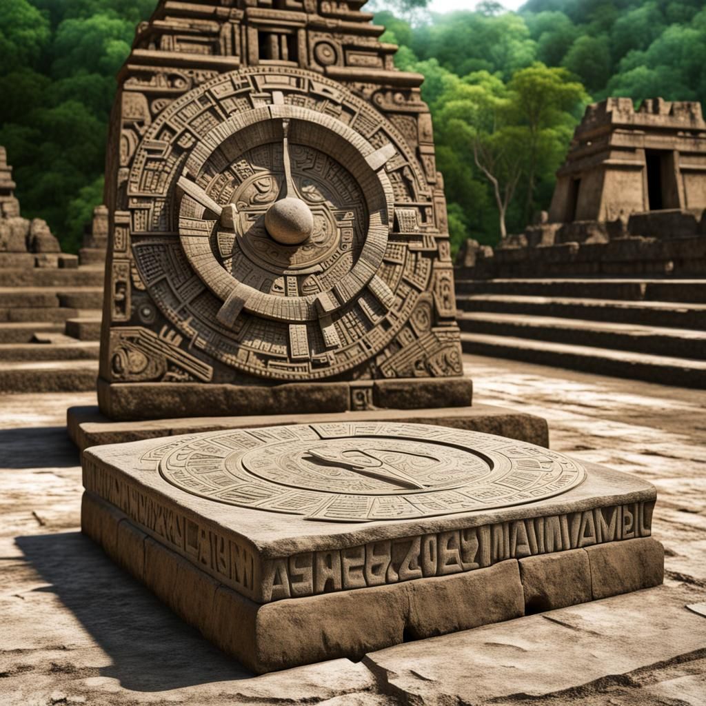 Weathered Atzec calendar stone and sundial in front of ancient Aztec ...