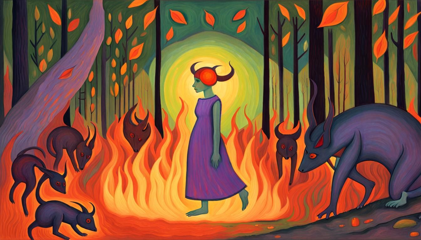 A demon girl walking out of a fire in the woods. A halo shines behind ...