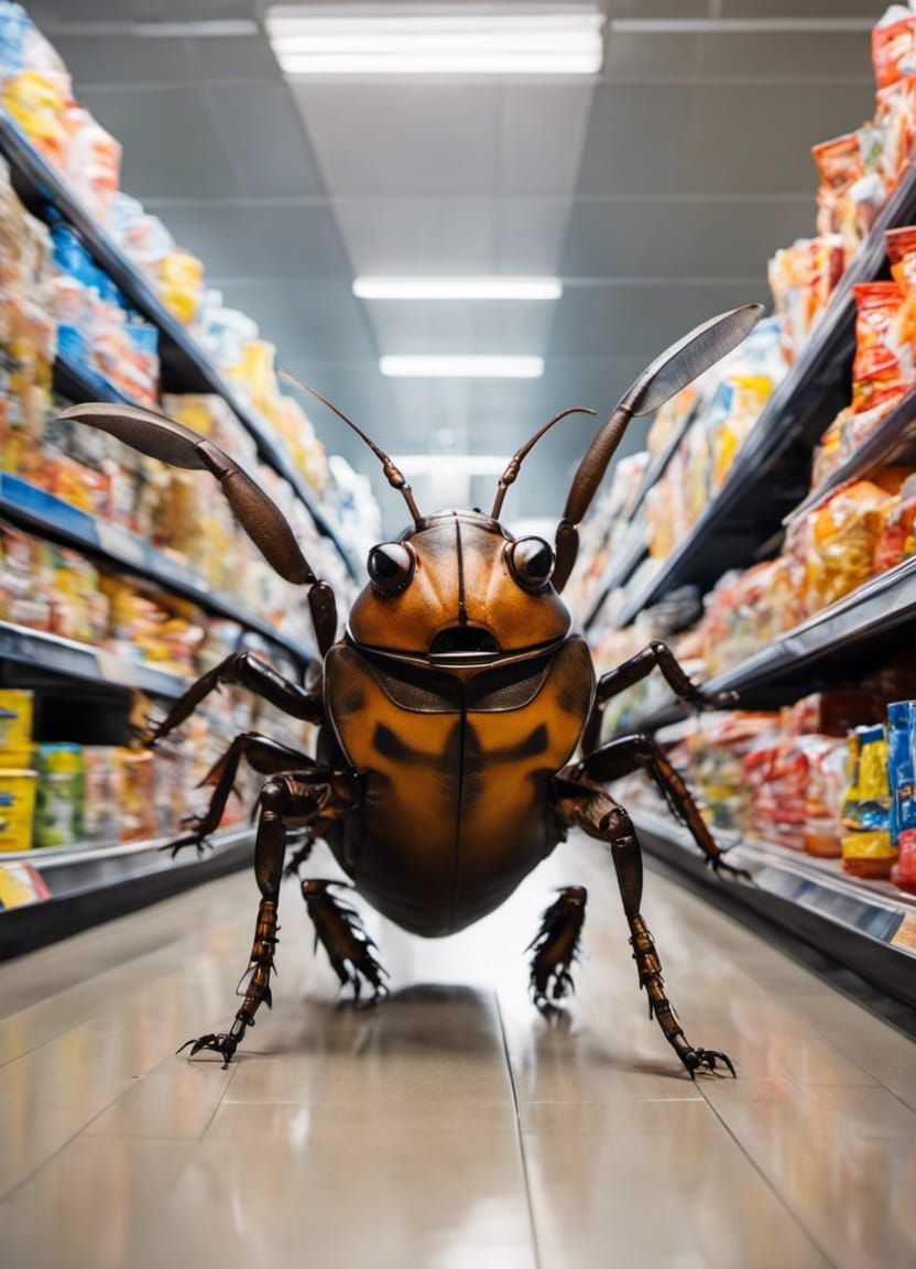 A giant cockroach in uniform running in Walmart, horror movie style ...