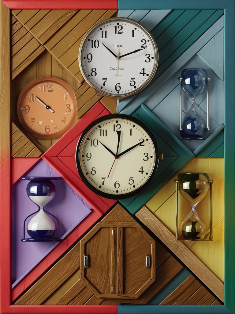 Time, clocks, watches, hourglasses, multi coloured unique styles. Naive ...