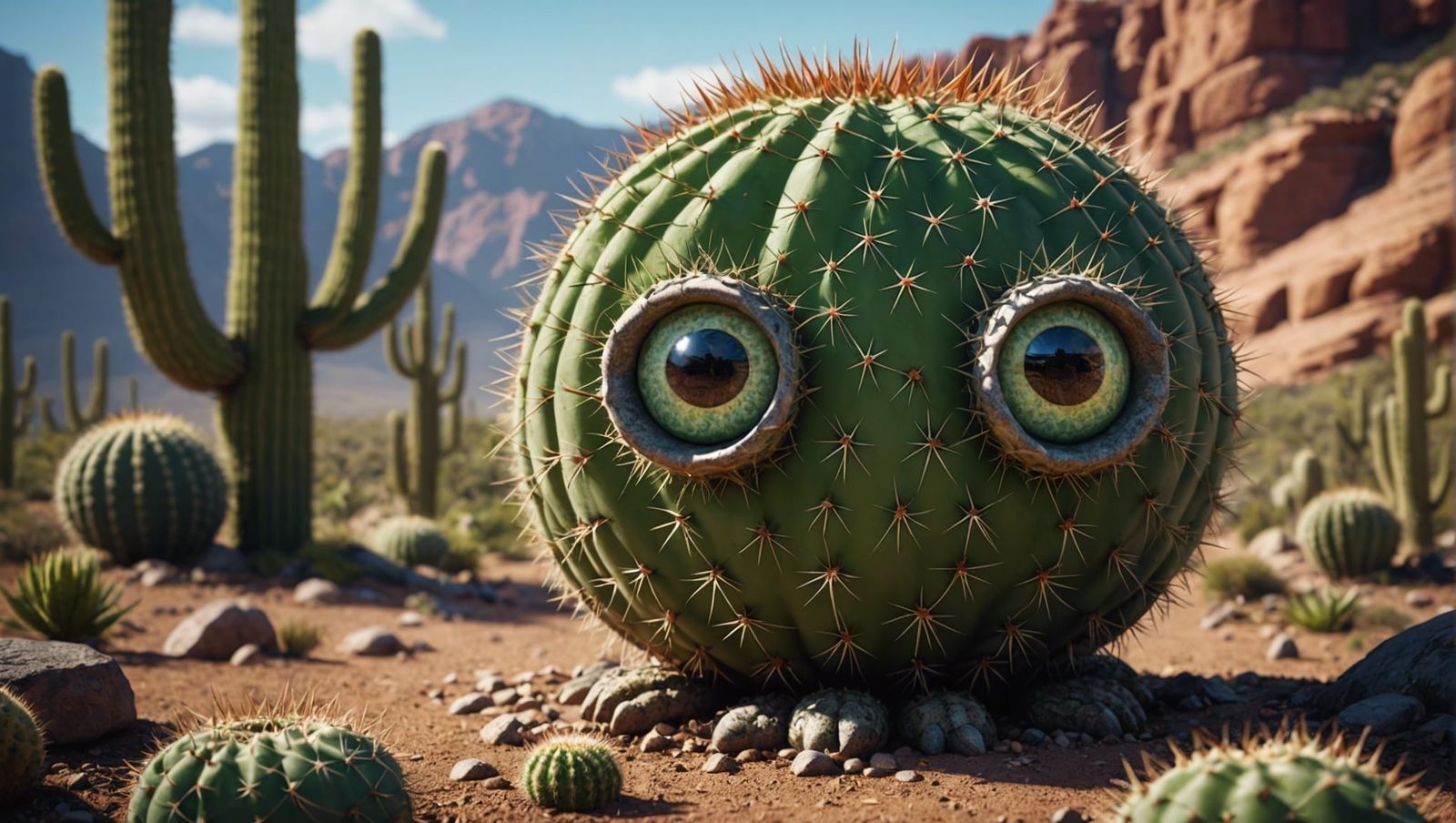 A grumpy-looking cactus sporting a pair of giant googly eyes ...
