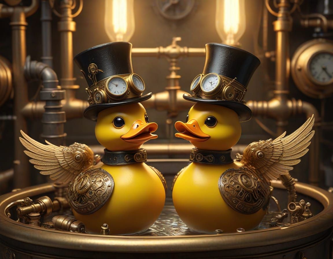 Steampunk Rubber Ducks in Brass Tub, Victorian Wor... - AI Art