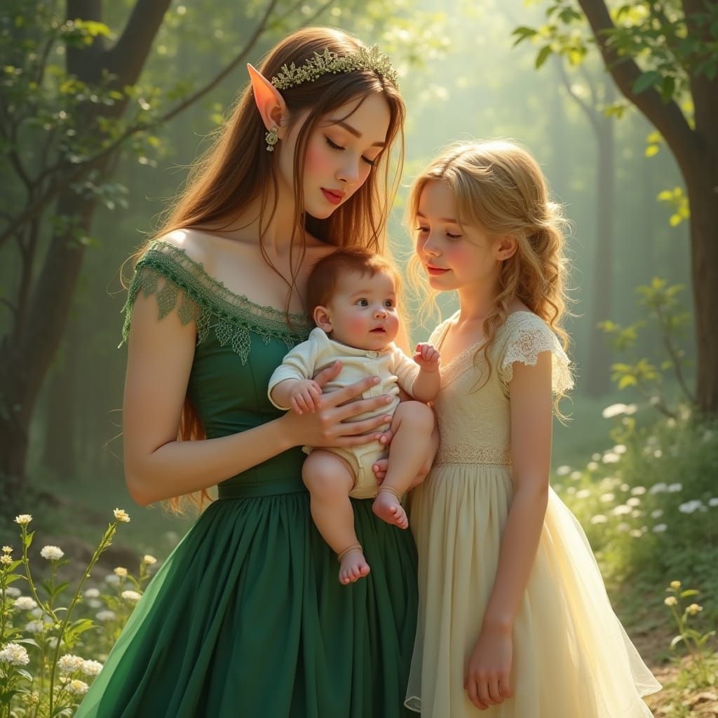 An elven family portrait: a woman, her son, and her daughter