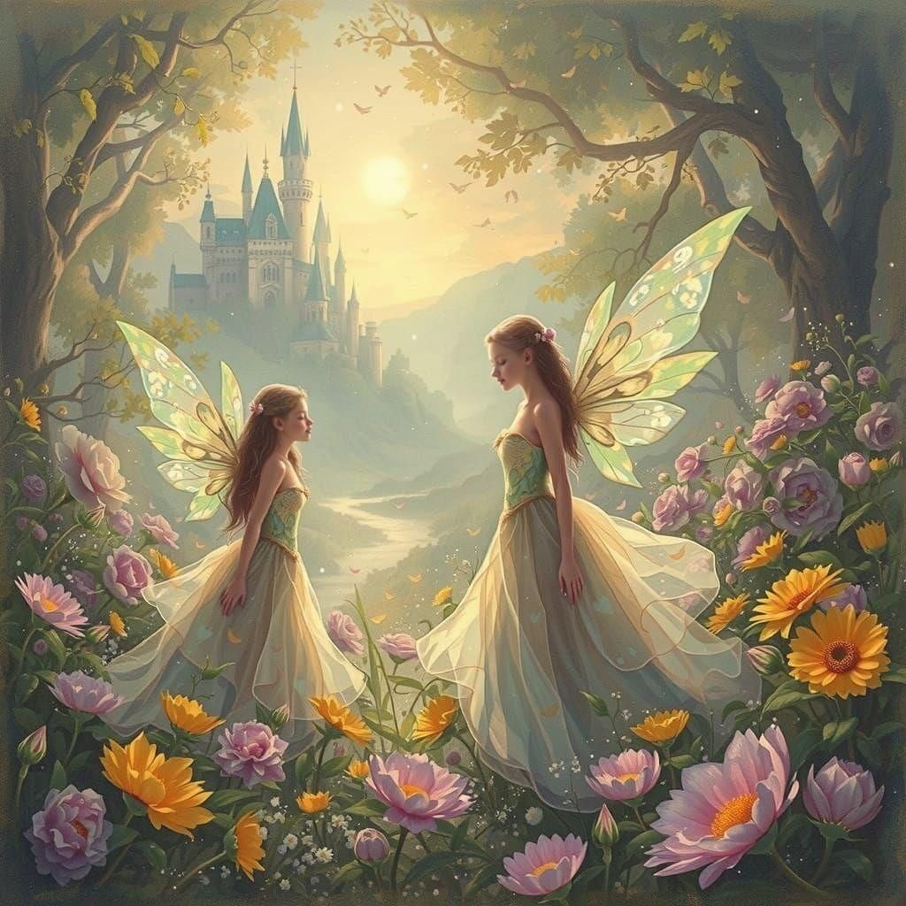 A 3D rendering of a watercolor painting of a romantic magical scene ...