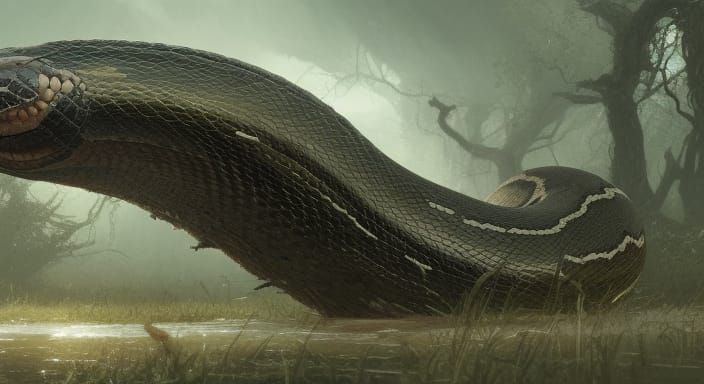 a snake monster with multiple heads moving through a marsh, hydra ...