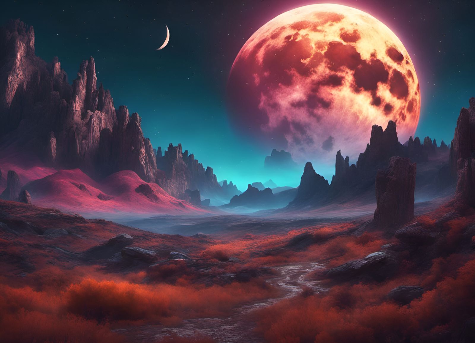 a vibrant moonset landscape, Epic cinematic brilliance, stunning ...