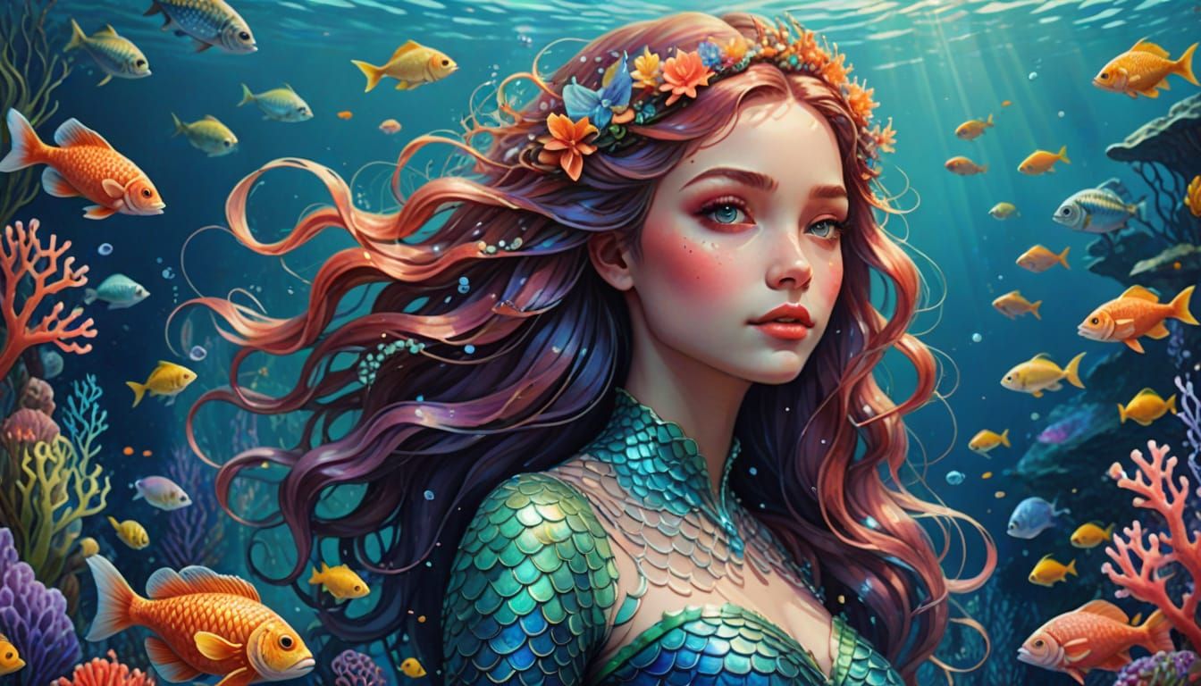 Whimsical Watercolour Mermaid in a Vibrant Oceanic... - AI Art