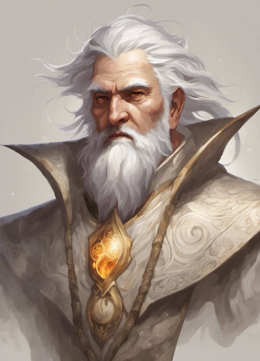 A plump human priest of the sun god pelor. in his 50s, with a wispy ...