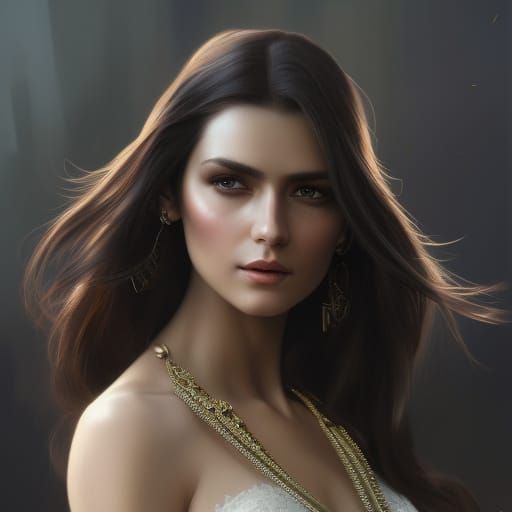 Pretty full body brunette haır girl head and shoulders portrait, hyper ...