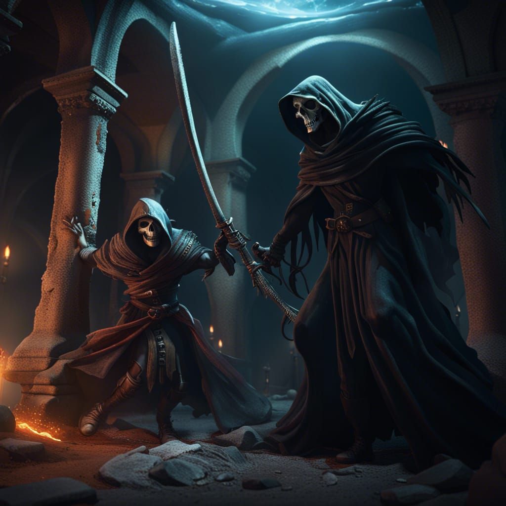 an explorer is fighting one grim reaper in a crypt - AI Generated ...